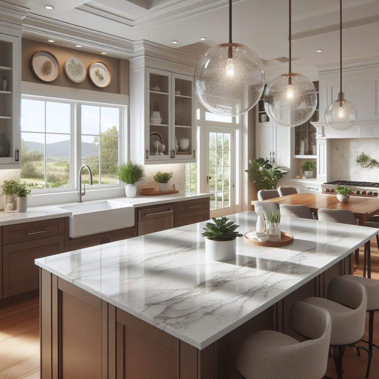 Quartz Countertops & Brown Cabinets Design
