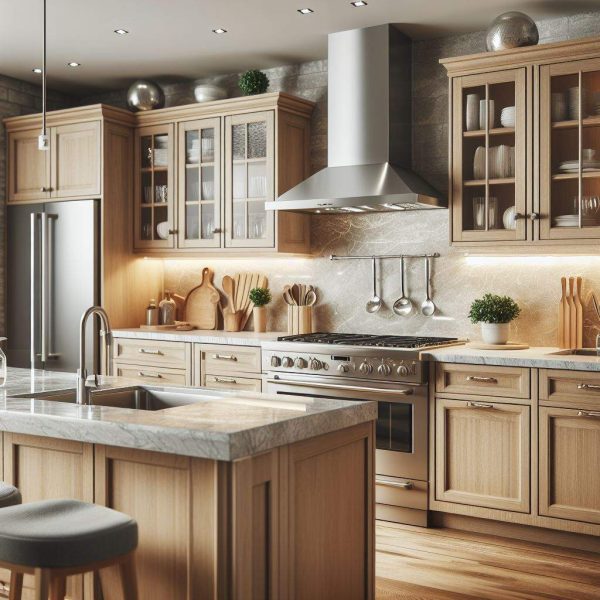 Elegant Quartz Countertops with Wood Cabinets