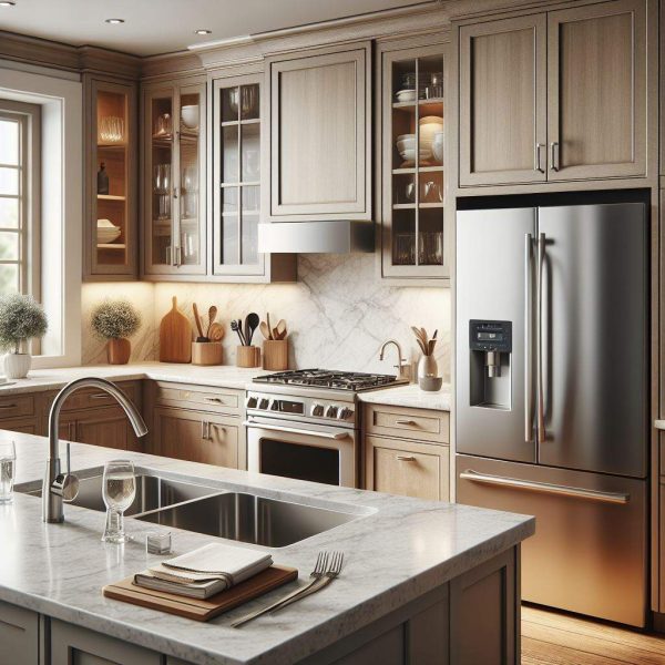 Elegant Quartz Countertops with Wood Cabinets