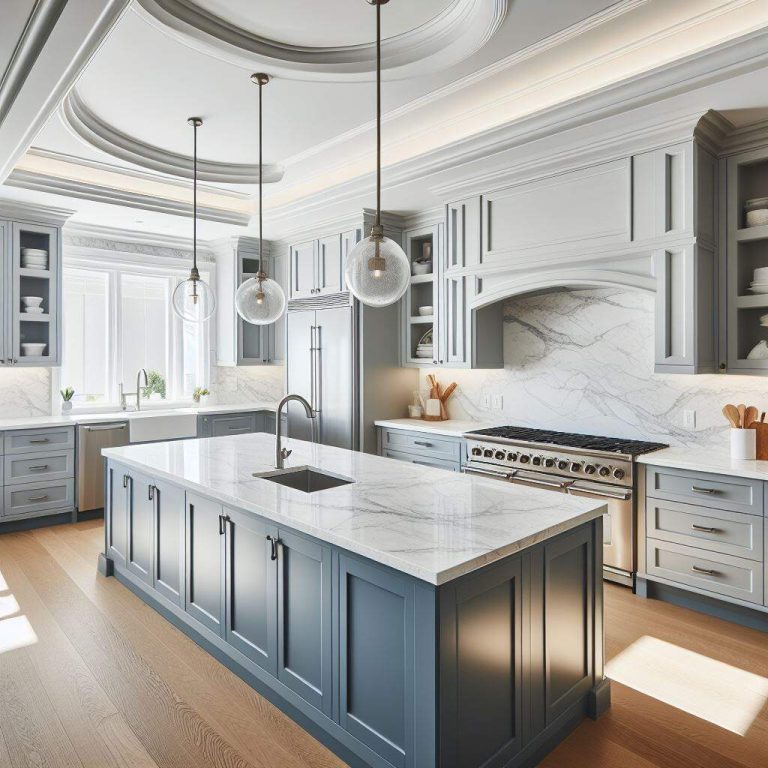 Quartzite Countertops with Blue Cabinets | Badger Granite